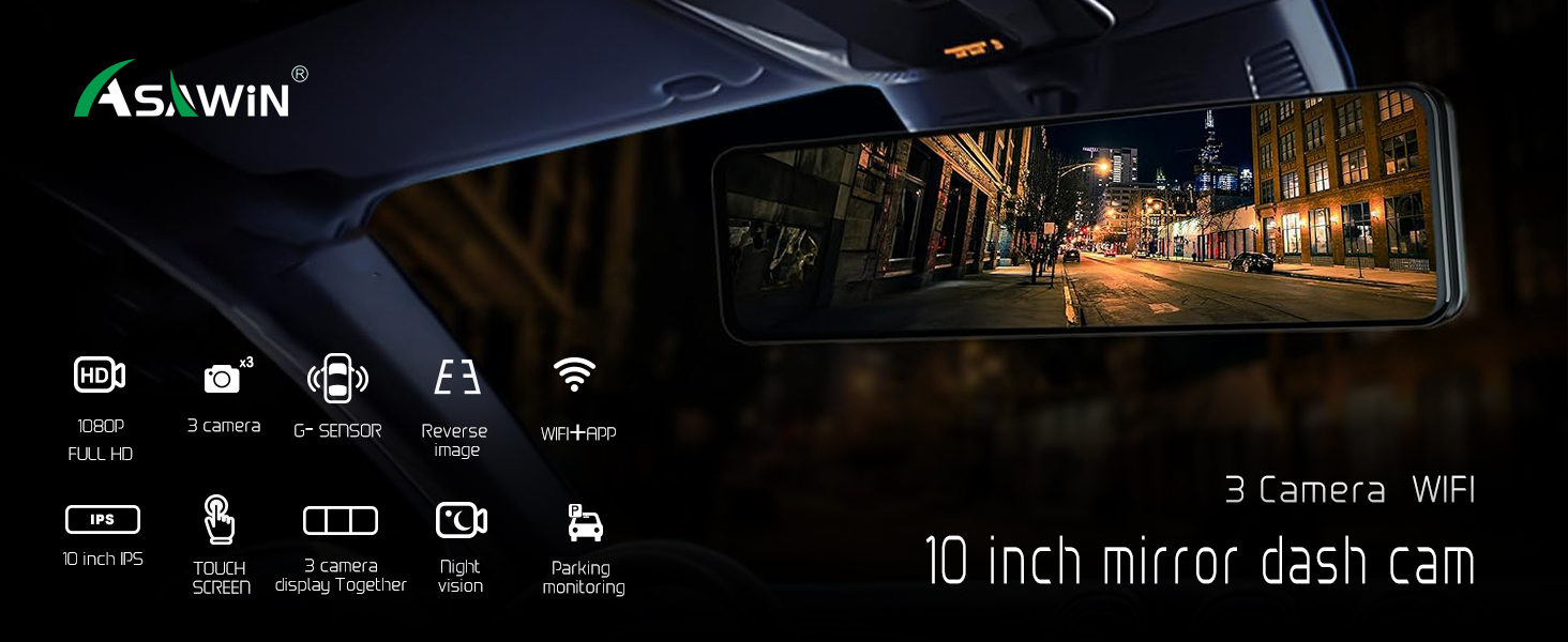 3 Ways Car Camera Asawin H109J Wifi 3 Camera10 Inch Rear View Mirror ...