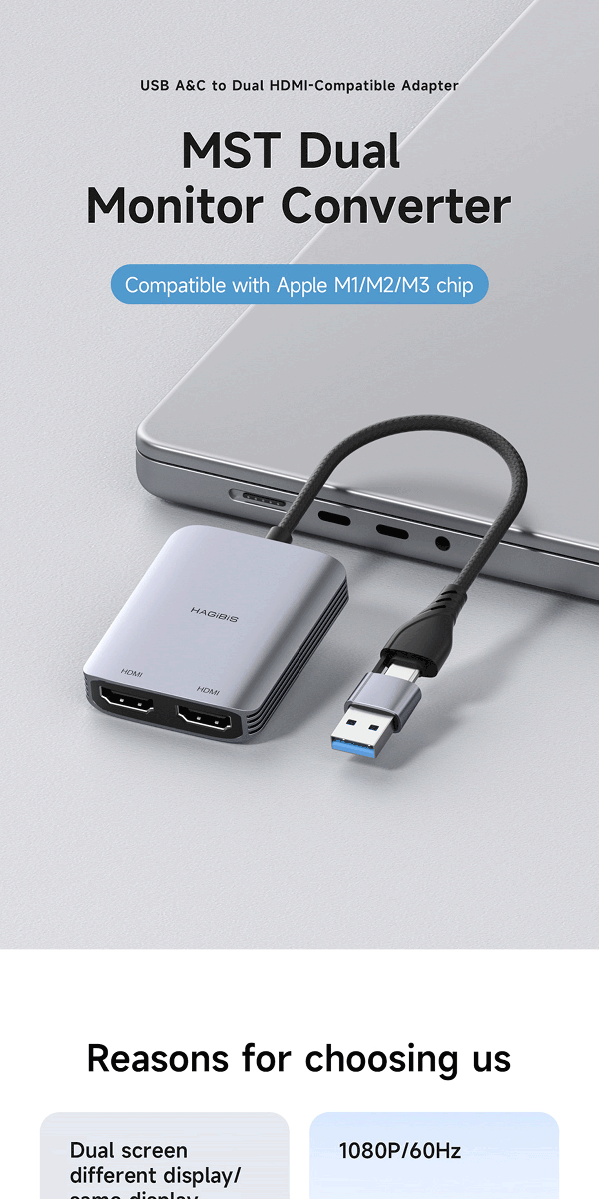 Hagibis 2 in 1 USB A/USB C to HDMI Adapter MST Dual Monitor Converter ...