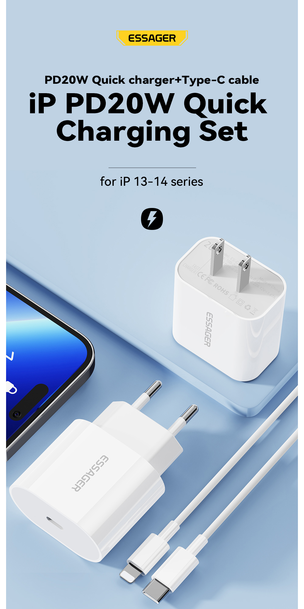 Essager PD20W US/ EU Super Quick Charger Sets for iP 14 13 12 Pro Max ...