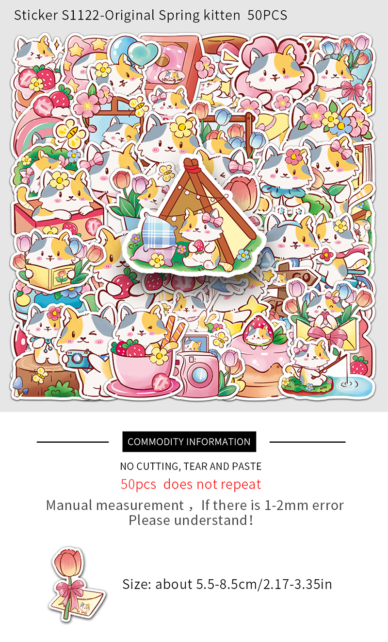50pcs Cute Spring Cat Animal Sticker Kawaii Cartoon Decal Laptop DIY ...