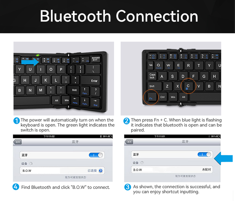Bow Slim Mini Foldable Bluetooth Keyboard Hb066 Wireless Bt Rechargeable Portable Three Folding