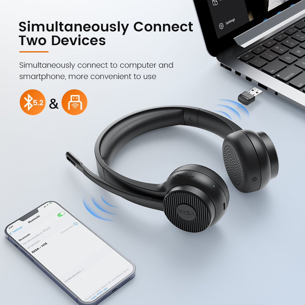 EKSA H16 Bluetooth 5.2 Headset PC Wireless Headphones with ENC Noise ...
