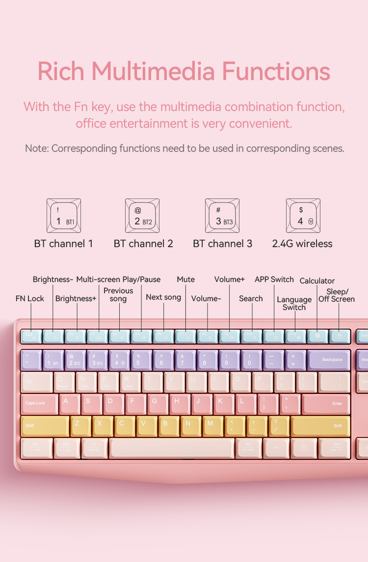 BOW K161D Colorful Wireless Keyboard BT Silent Keys Gradient Cute Pink ...