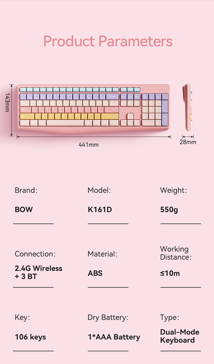 BOW K161D Colorful Wireless Keyboard BT Silent Keys Gradient Cute Pink ...