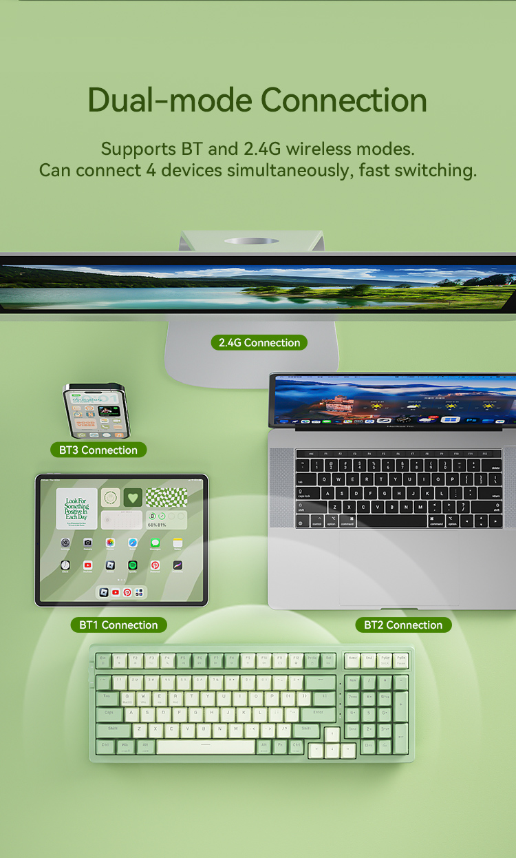 BOW G102D Gaming Mechanical Keyboard Wireless USB Bluetooth Green Anti ...