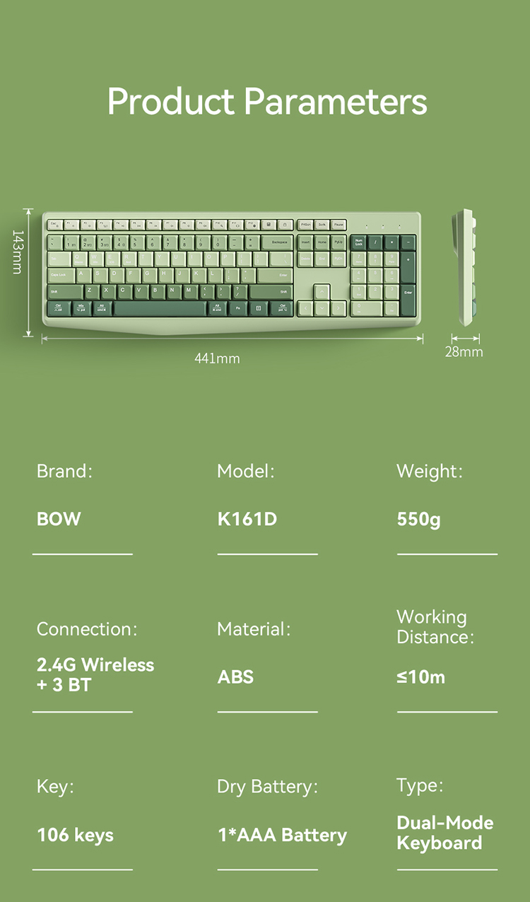 BOW K161D Wireless Bluetooth Dual-Mode Keyboard BT Bass Keys Gradient ...
