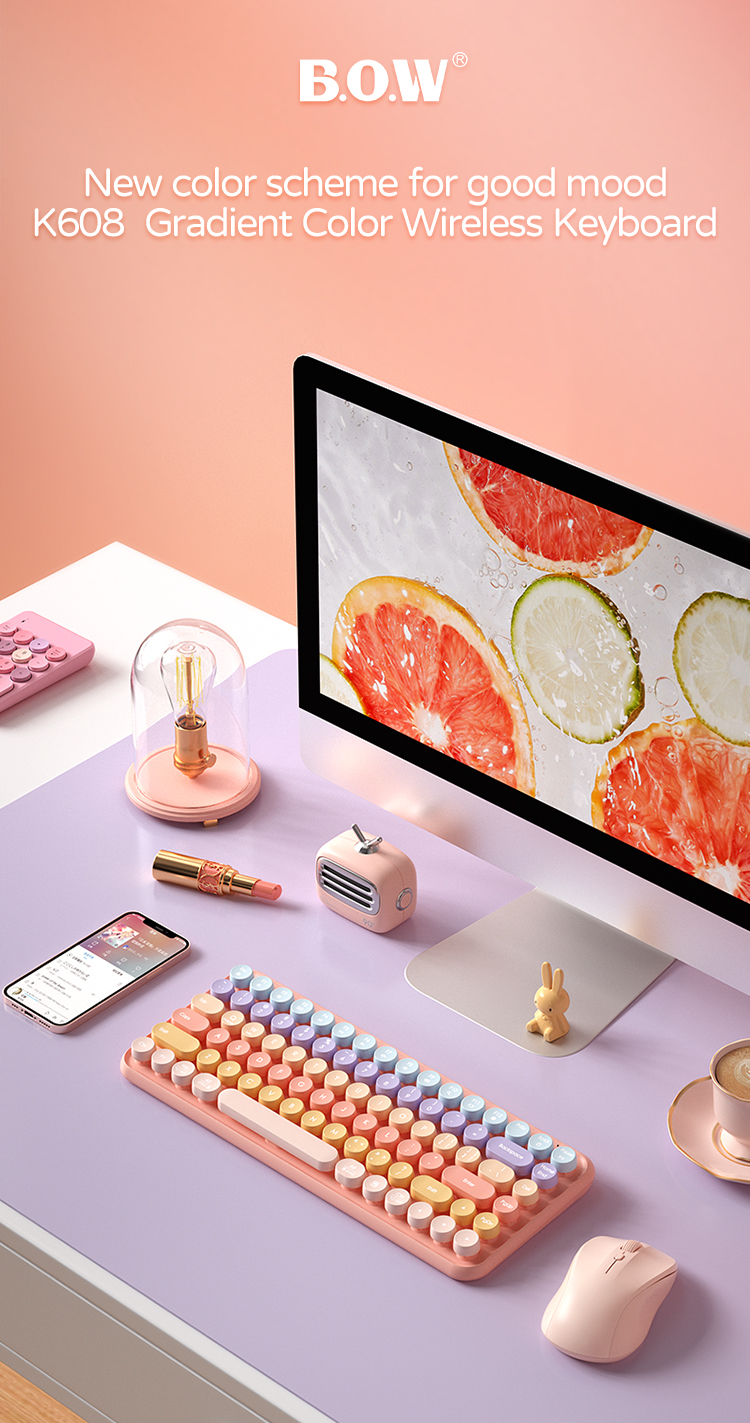 BOW 2.4G Wireless Keyboard Gradient Retro Round Keycaps K608 series ...