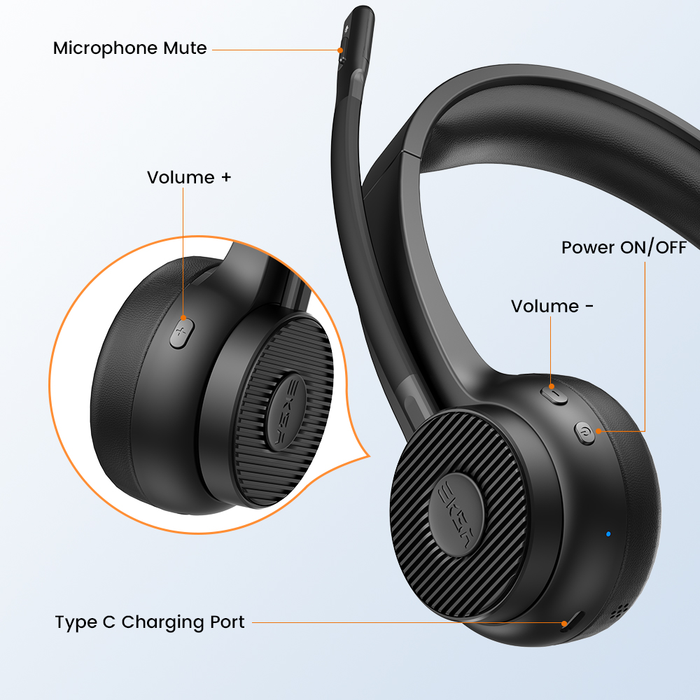 EKSA H16 Bluetooth 5.2 Headset PC Wireless Headphones with ENC Noise ...