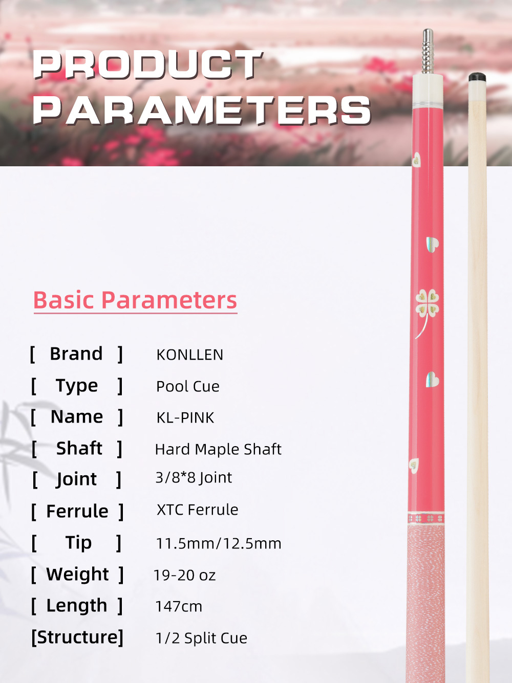 KONLLEN-Pink Billiard Pool Cue Stick, Carbon Maple Shaft, 11.5mm, 12 ...