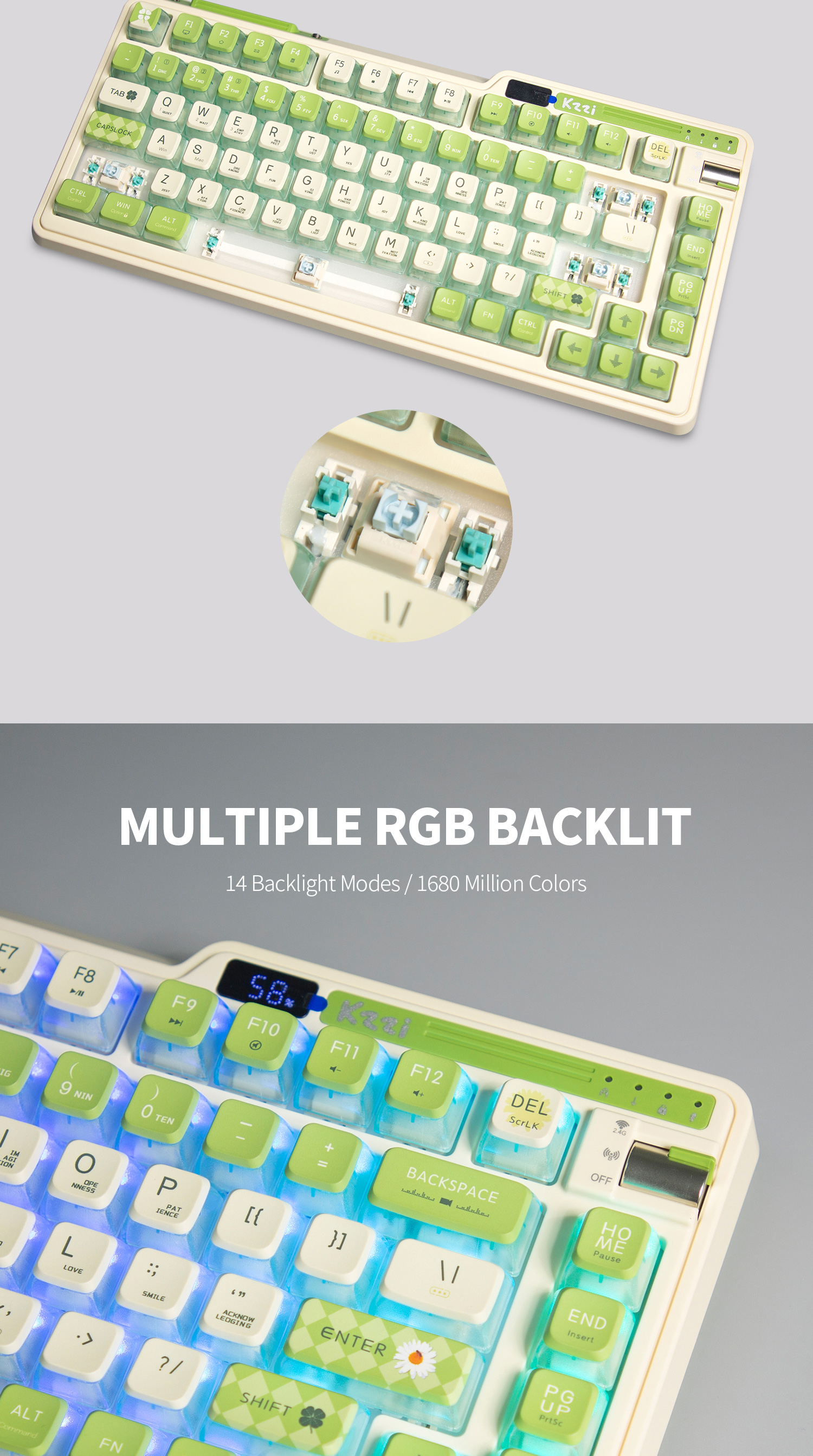 KZZI Kezhi K75 Pro+ Lemon Green Wireless Three-Mode Mechanical Keyboard ...