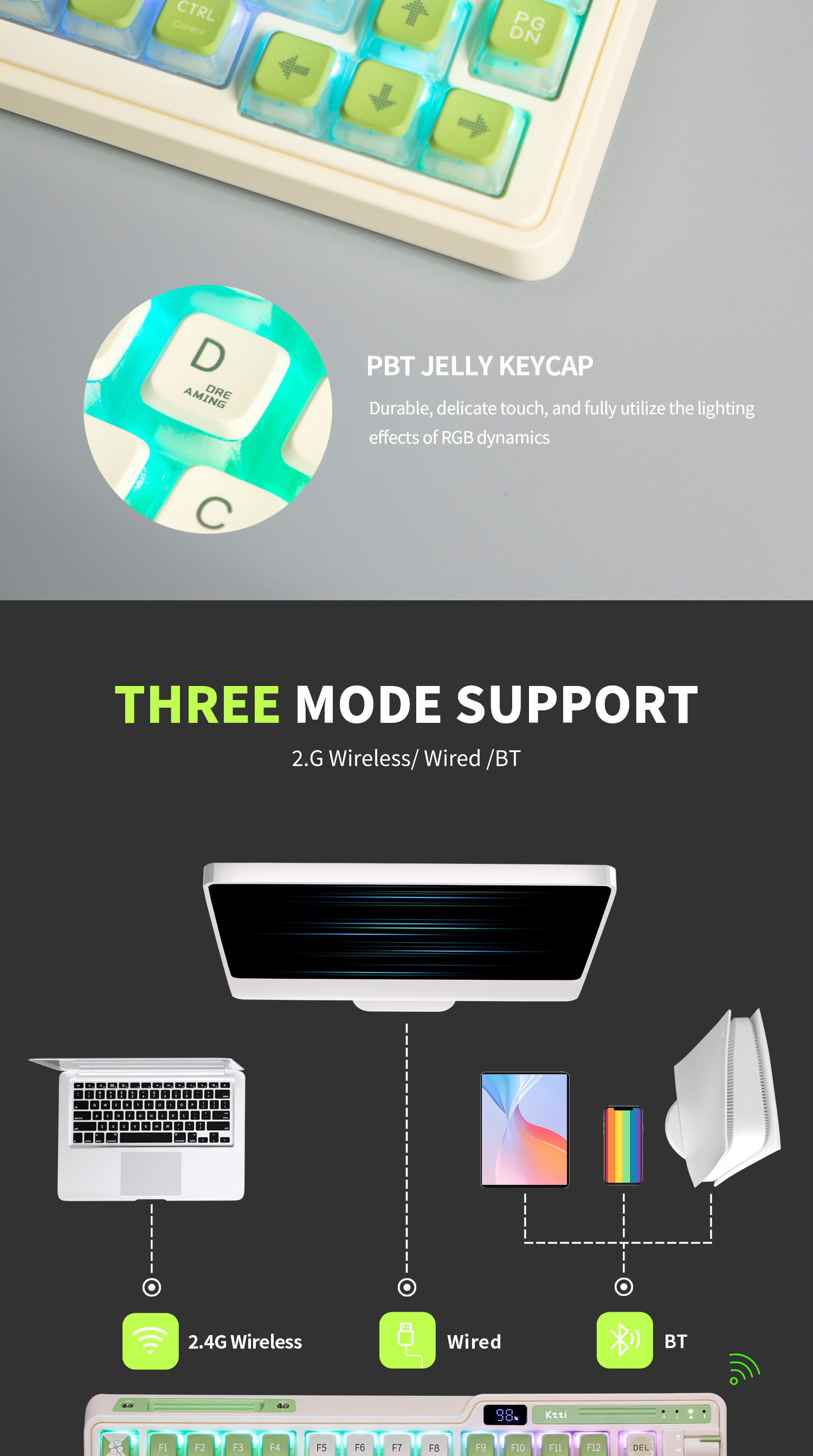 KZZI Kezhi K75 Pro+ Lemon Green Wireless Three-Mode Mechanical Keyboard ...