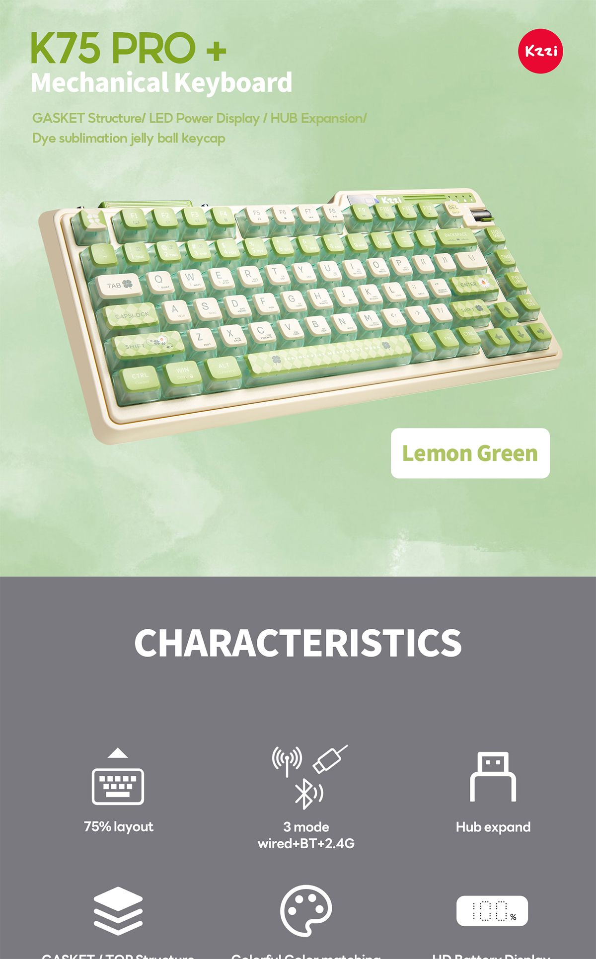 KZZI Kezhi K75 Pro+ Lemon Green Wireless Three-Mode Mechanical Keyboard ...