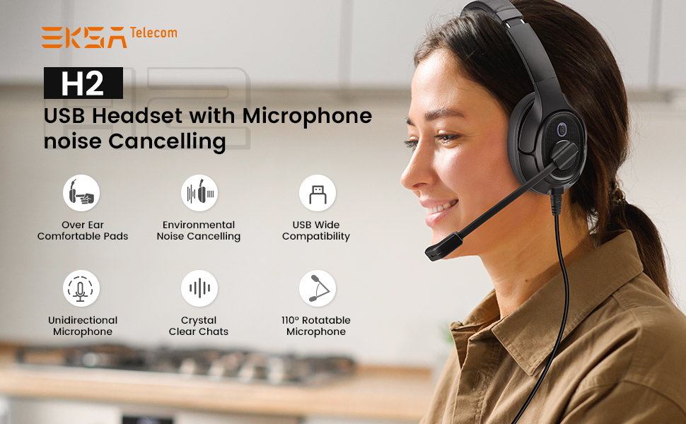 EKSA H2 USB Wired Computer Headset Over-Ear Office Headphones with ENC ...