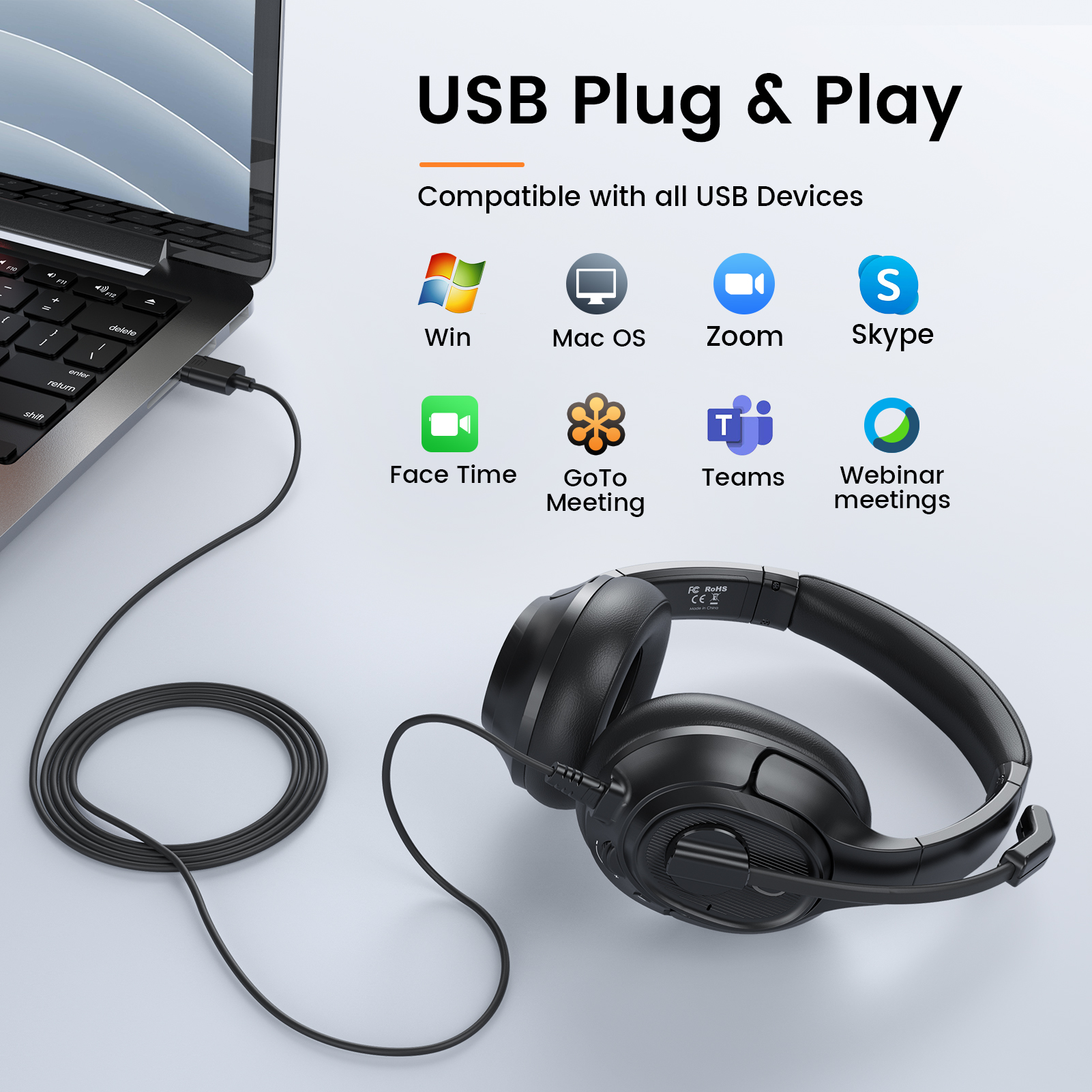 EKSA H2 USB Wired Computer Headset Over-Ear Office Headphones with ENC ...