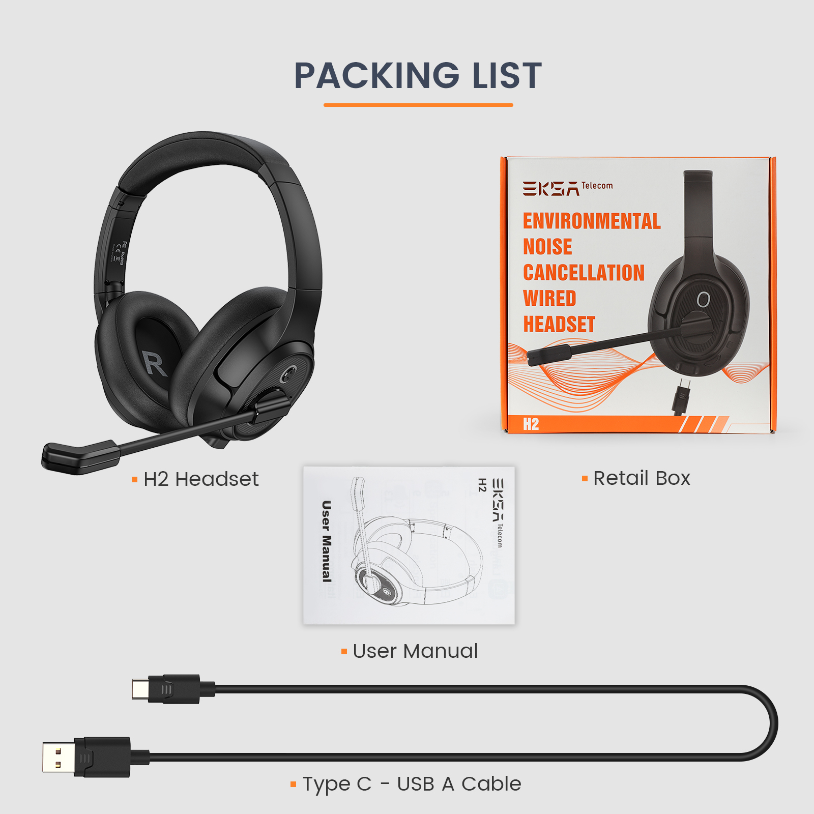 EKSA H2 USB Wired Computer Headset Over-Ear Office Headphones with ENC ...