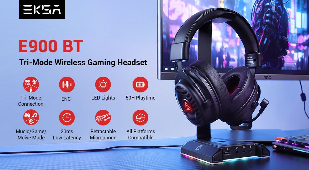EKSA E900 BT 2.4GHz Wireless+3.5mm Wired Gaming Headphones Bluetooth 5. ...