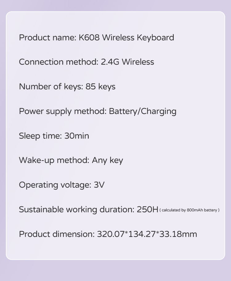 BOW USB Wireless Keyboard K608 Mini Portable 2.4G Ergonomic 84 Keys Battery/Charging Colorful ...