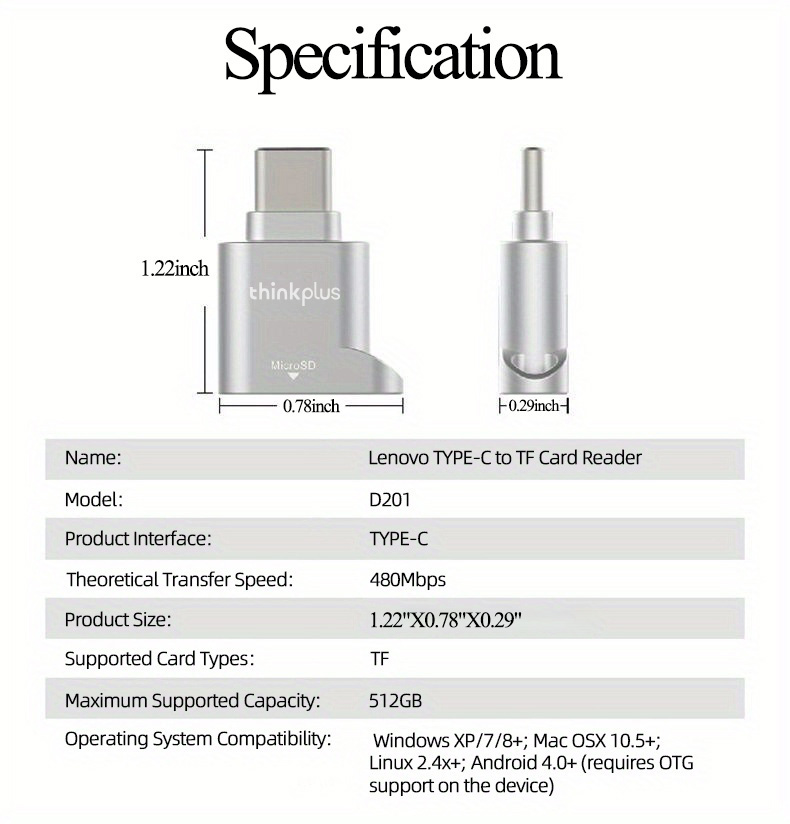 Lenovo D201 type-c card reader Mini Type micro-sd card reader USB C-SD ...