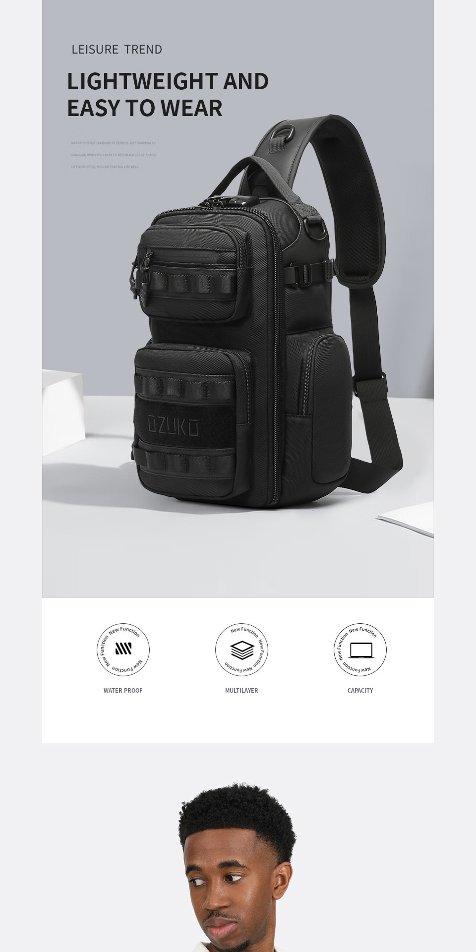 OZUKO Large Capacity Men Shoulder Bag Multi Pockets Anti-theft Lock ...