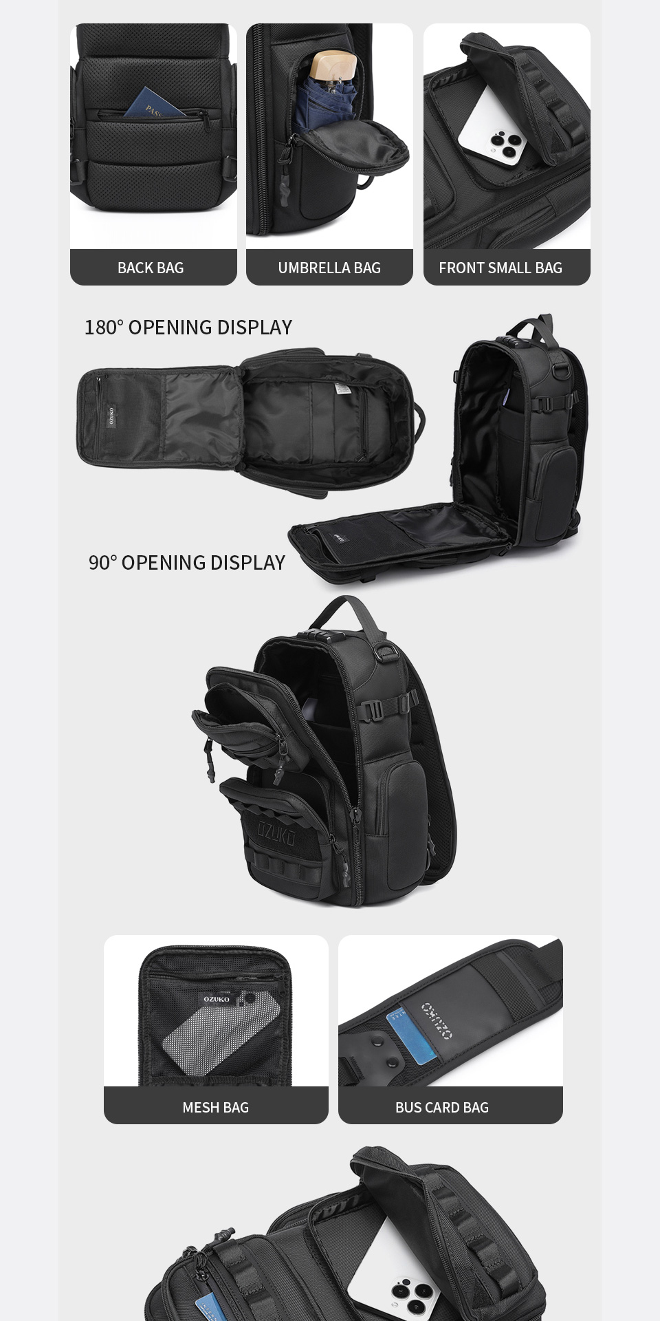 OZUKO Large Capacity Men Shoulder Bag Multi Pockets Anti-theft Lock ...