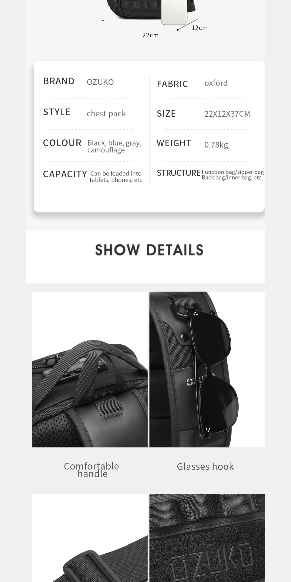 OZUKO Large Capacity Men Shoulder Bag Multi Pockets Anti-theft Lock ...