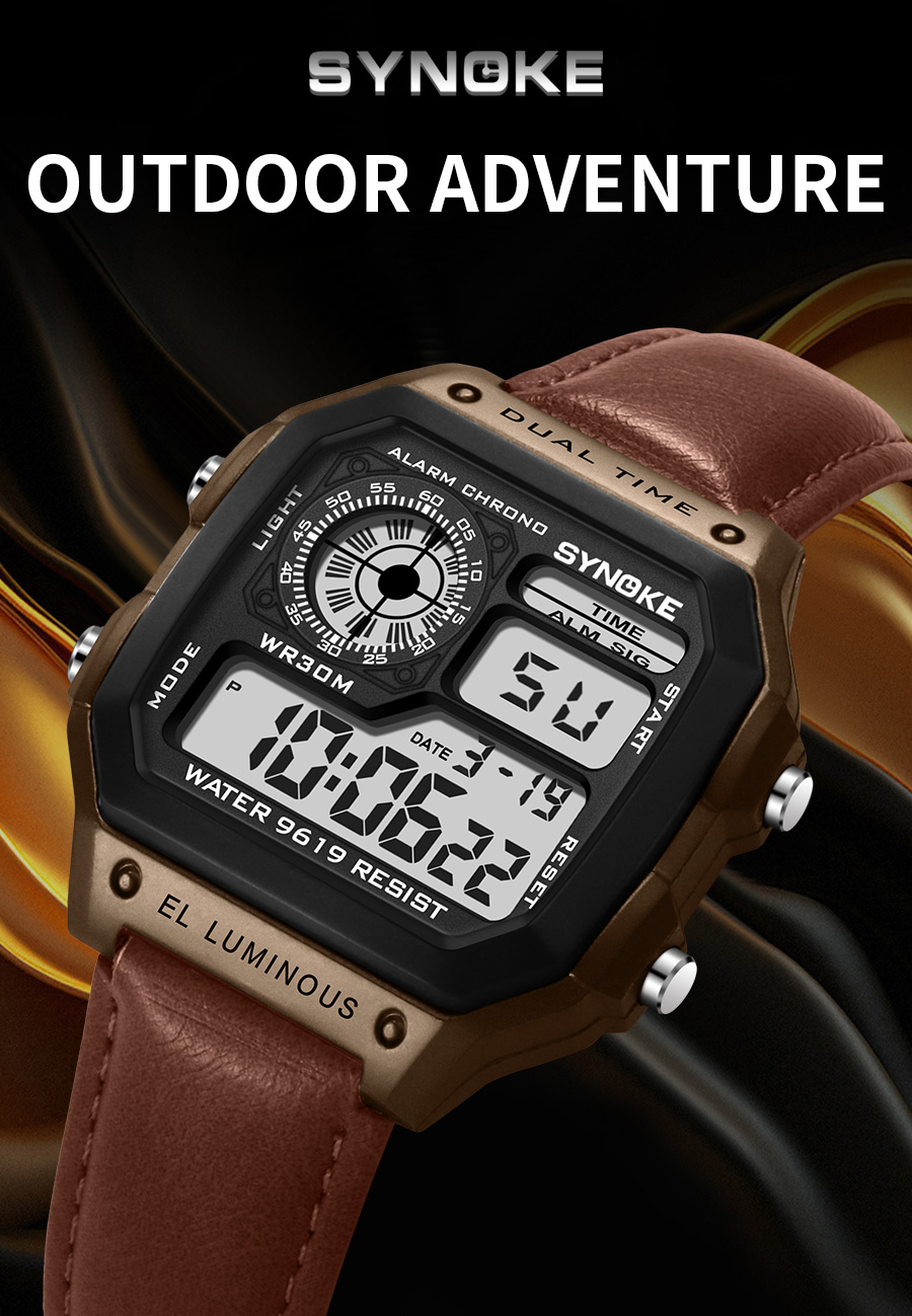 SYNOKE Original Men's Watch Leather Band Digital Watch Waterproof ...
