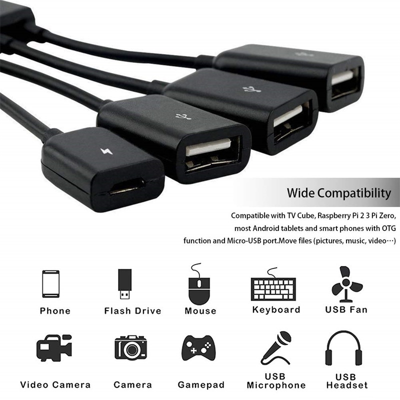 Hot 4 Port Micro USB Type-c Power OTG Extender Hub Cable Black For ...