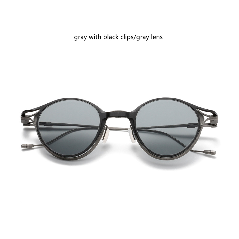 Japanese Pear-shaped pure titanium eyeglasses frame with magnetic sunglasses clip, a pair of ...