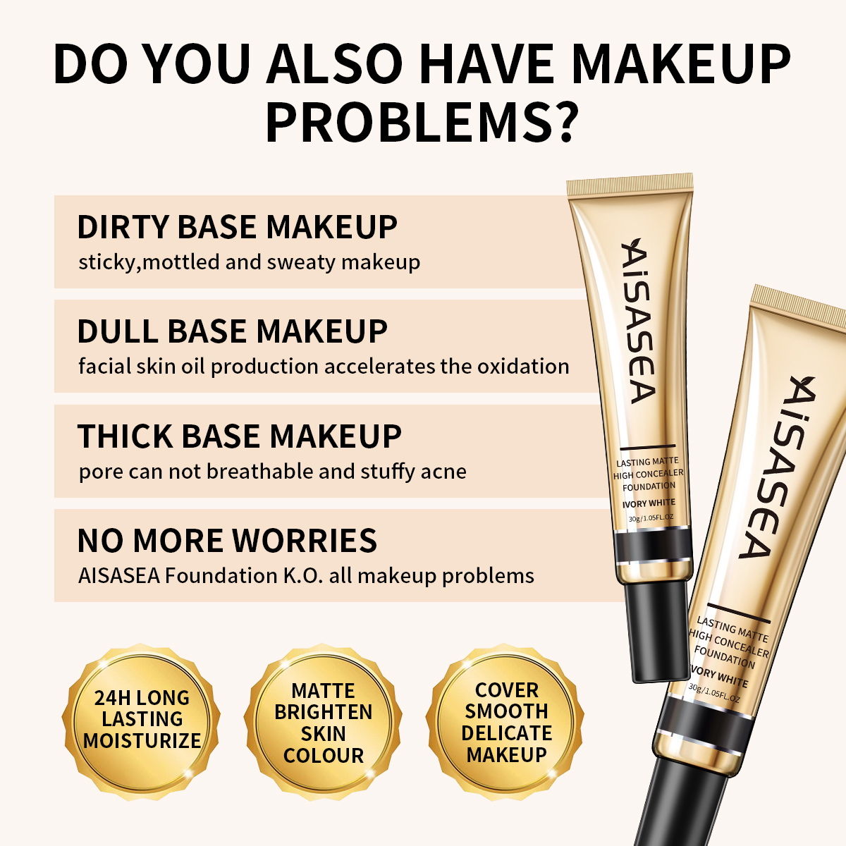 [2-Pack]AISASEA Long Wear Matte High Concealer Foundation 30g*2 SPF30 ...