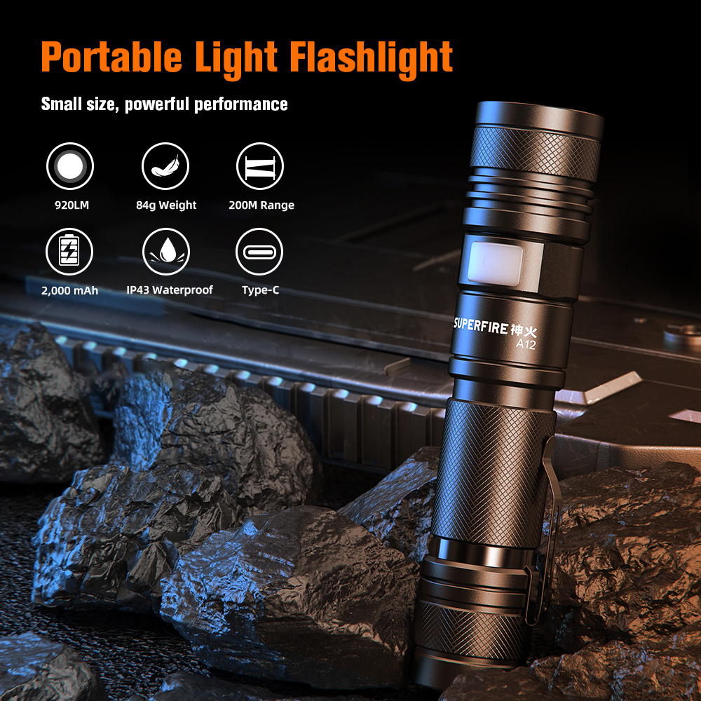 SUPERFIRE A12 Flashlight LED Zoom Torchlight Aluminium Alloy Heavy Duty ...