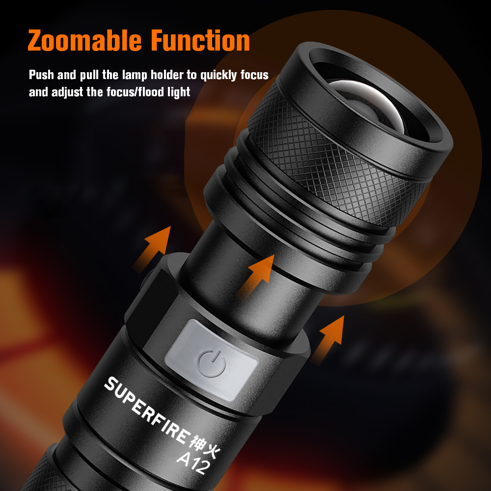 SUPERFIRE A12 Flashlight LED Zoom Torchlight Aluminium Alloy Heavy Duty ...