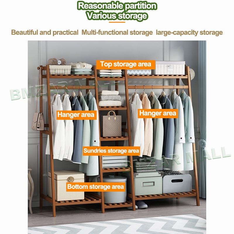 Bamboo Clothes Rack Organizer Hanging Rack Combination Coat Rack Stand ...