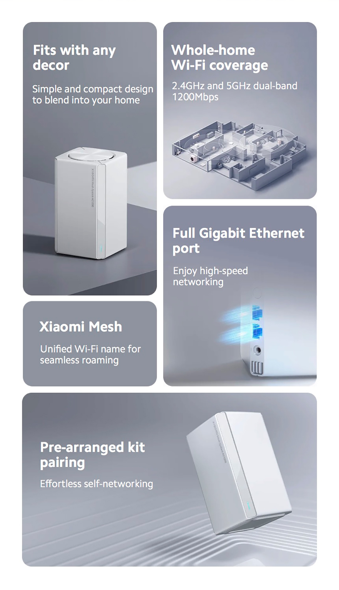 Xiaomi Mesh System AC1200 EU(1pack&2pack)|Simple and compact design|2.4GHz and 5GHz dual-band ...