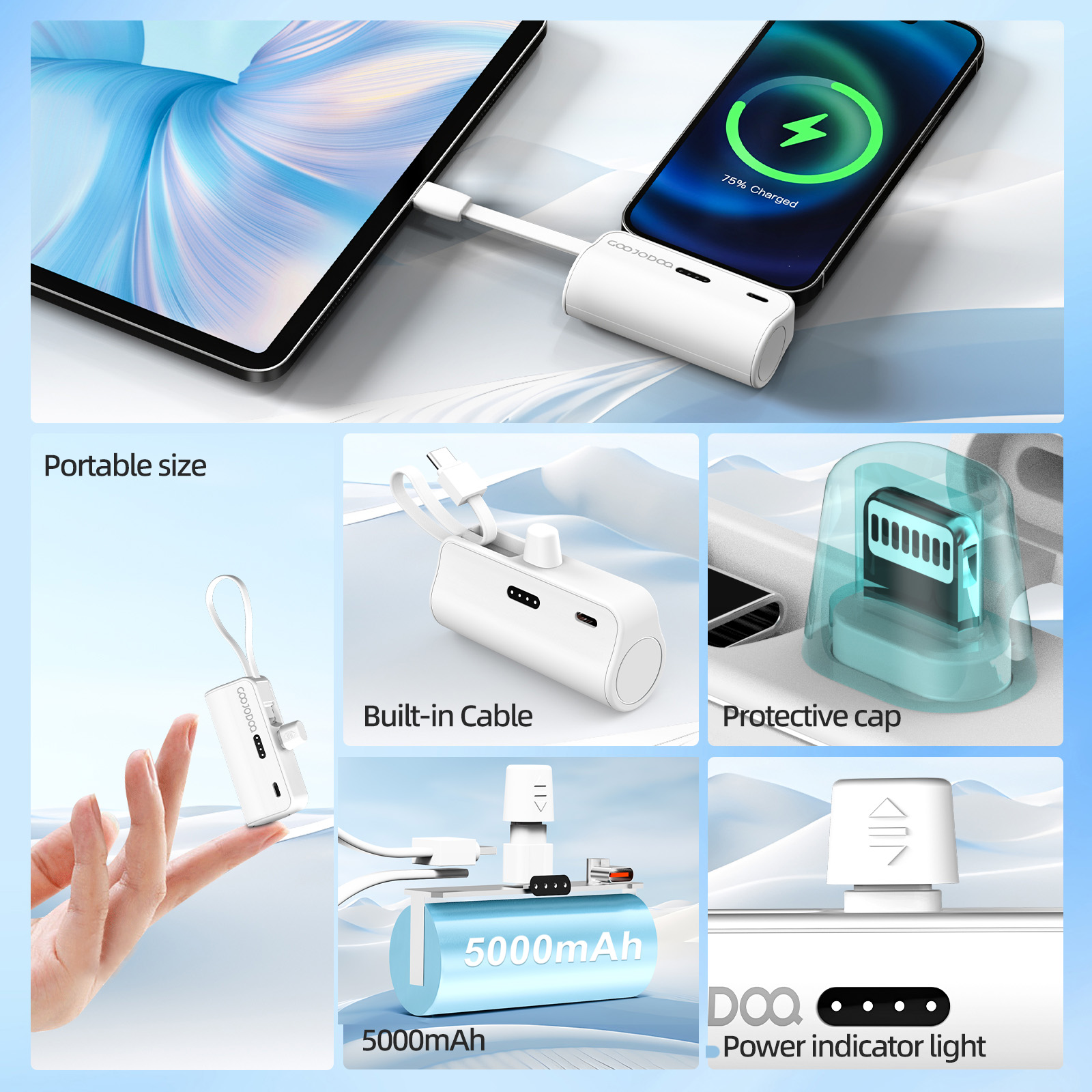 GOOJODOQ 4000 -10000mah Mini Powerbank for iphone Android Phone Built ...