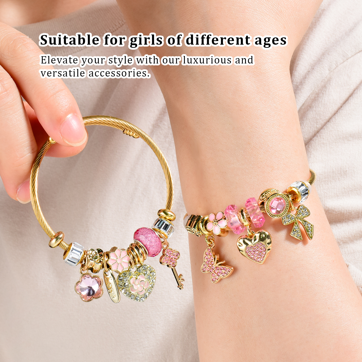 Purmoon Cystal Gold Plated Flower And Butterfly Charm Bangle Bracelet ...