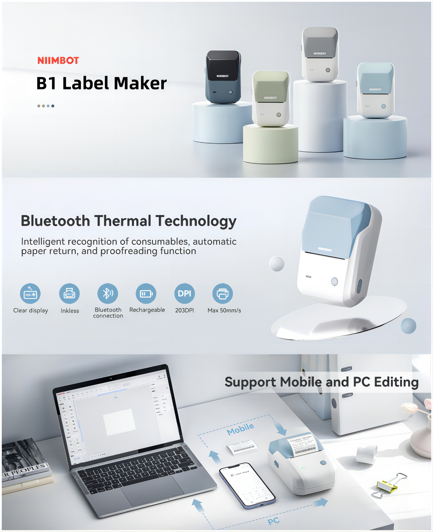 NIIMBOT B1 Bluetooth Label Printer, Portable Handheld Thermal Printer ...