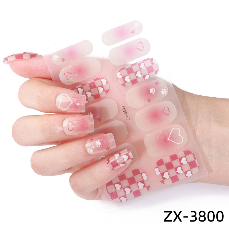14 Fingers Pink Gradient 3D Nail Stickers Heart Rhinestone Baking-Free ...