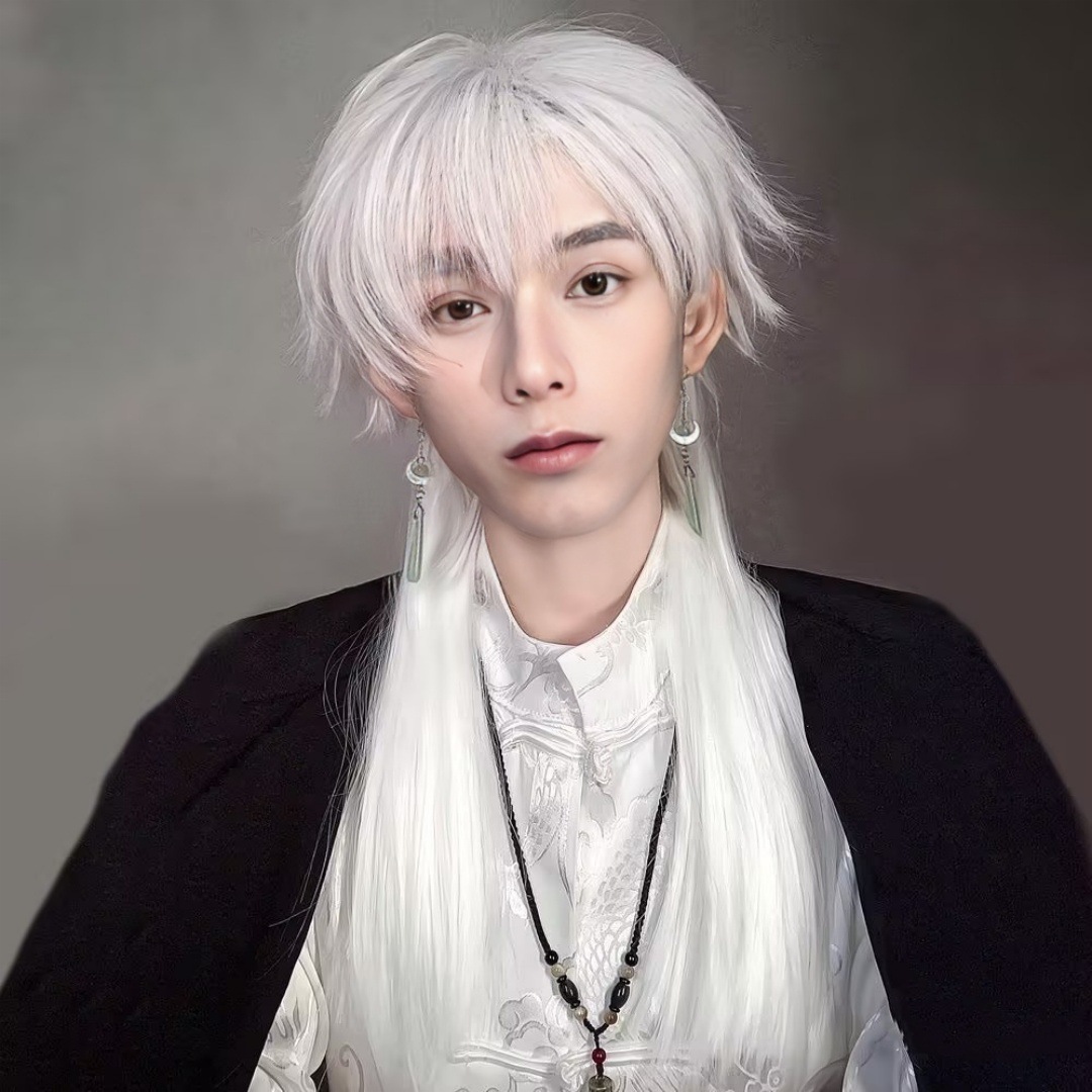 Man White Wig Japanese Samurai Head Handsome Unisex Mullet Head Fluffy ...