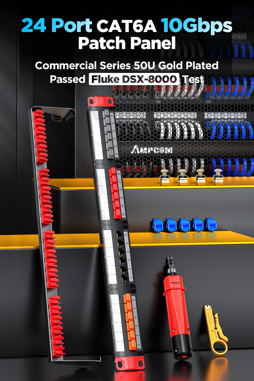 AMPCOM CAT6A 19" 24-Ports Commercial Series UTP 1000Mbps Patch Panel ...