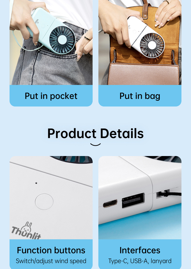 Thunlit Hand Electric Fan Neck Hanging Folding 1800mAh Rechargeable USB ...
