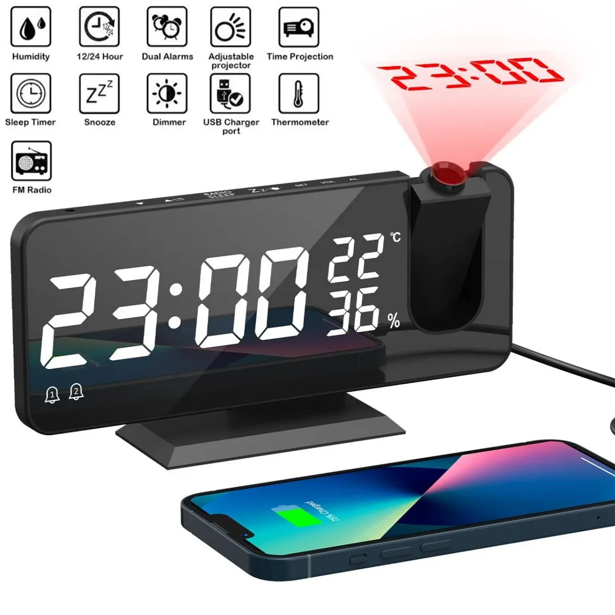 180° Rotation LED Digital Projection Alarm Clock USB Electronic Ceiling ...