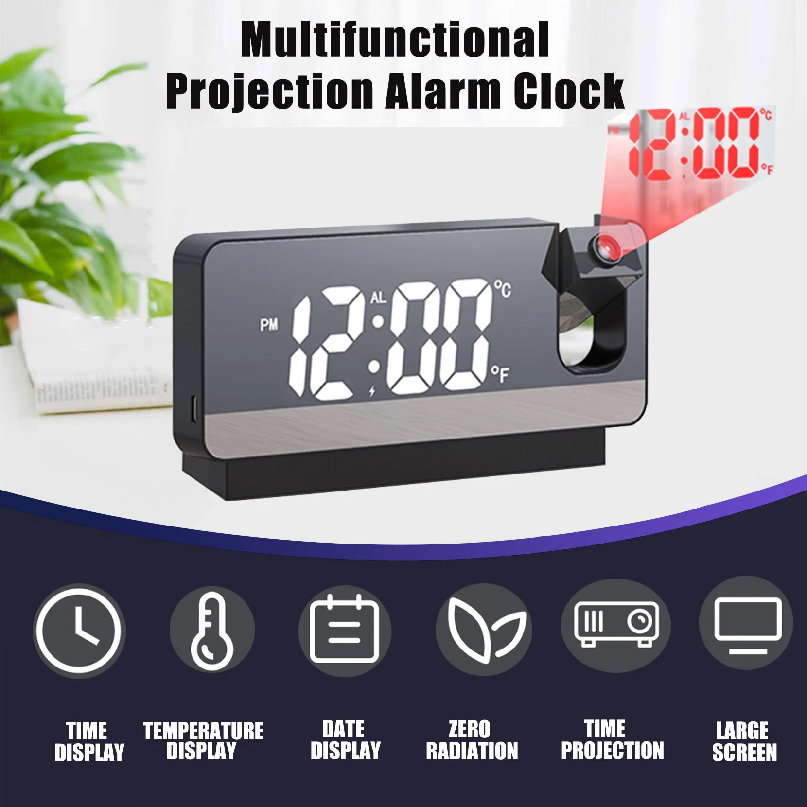 180° Rotation LED Digital Projection Alarm Clock USB Electronic Ceiling ...