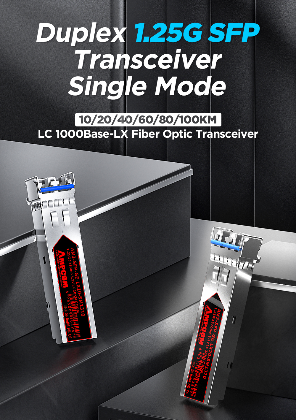 AMPCOM 1.25G LC SFP Single Mode Duplex Optic Module 1000Base-SX, 10-100KM 1310/1550nm, Giabit ...