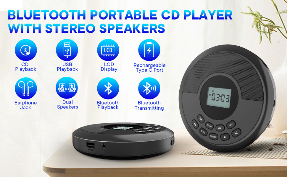 Cross-border portable cd player MP3 Music album CD Walkman USB Bluetooth cd player Dual speakers ...
