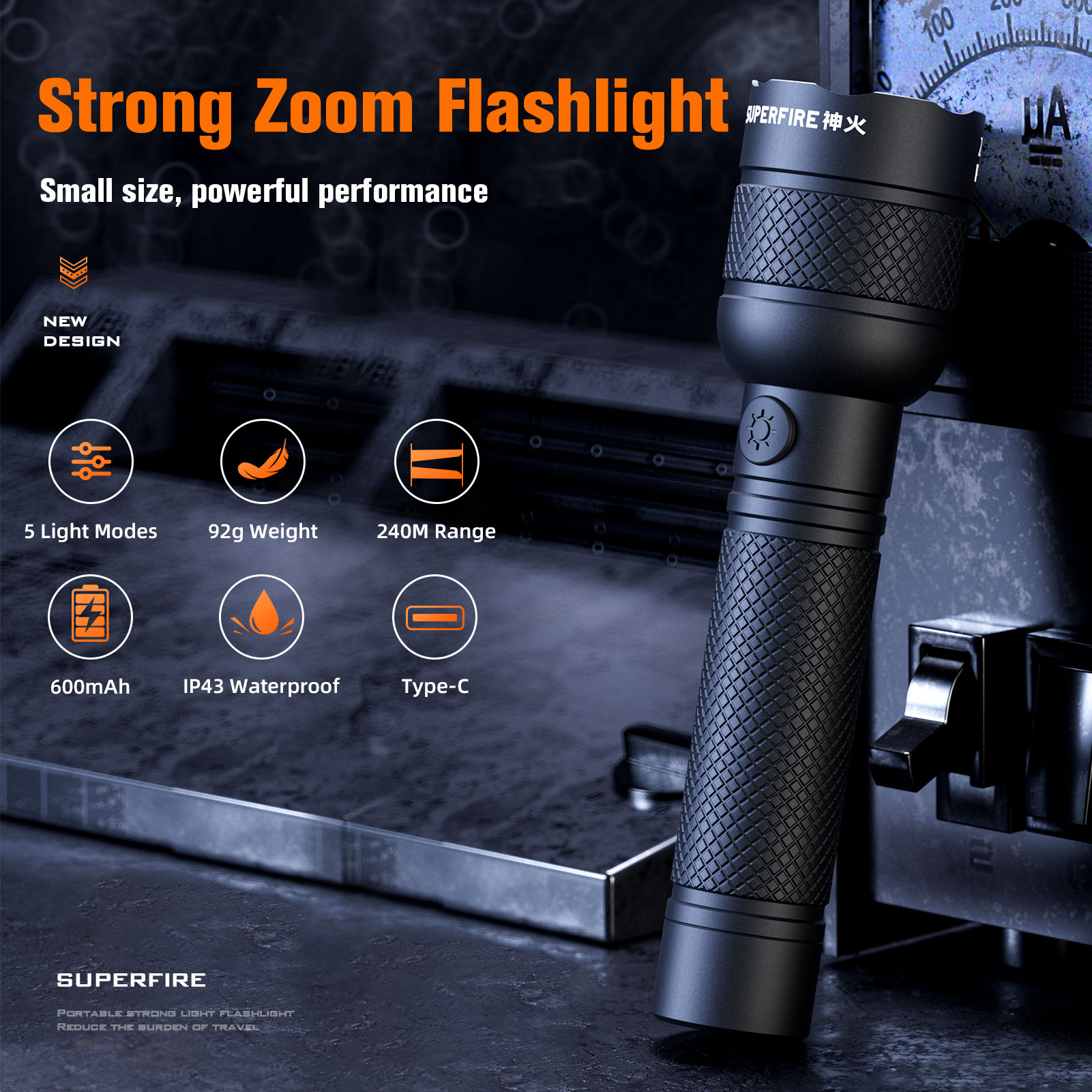 SUPERFIRE RG03 Zoom Flashlight Portable Long-range Torch USB Rechargeable Outdoor Emergency ...
