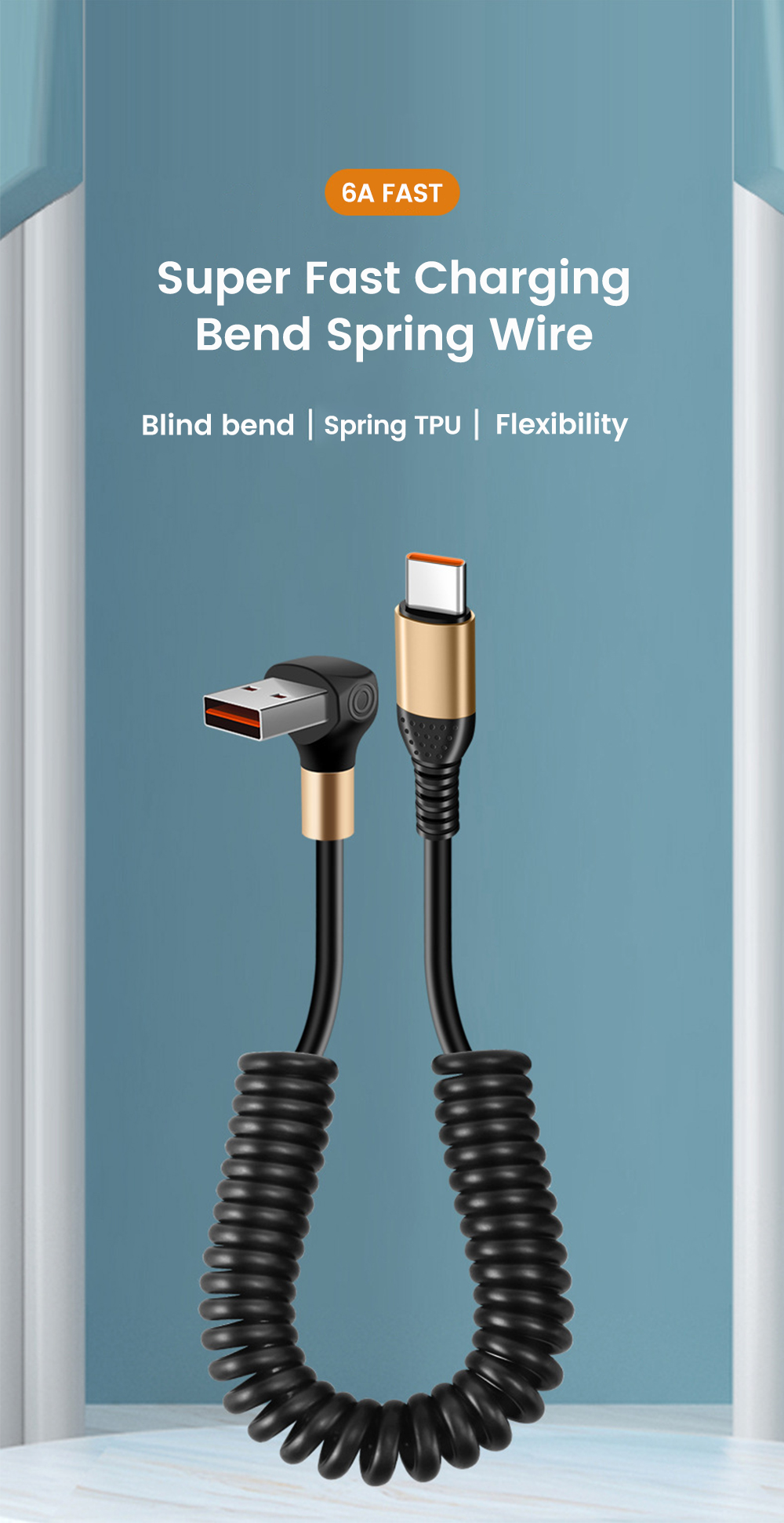 90° Elbow Car Spring Fast Charging Cable 6A USB A Type C Cable for ...