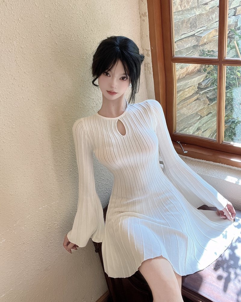 Hepburn Style Trumpet Sleeve Knitted One-Piece Dress Female Autumn ...