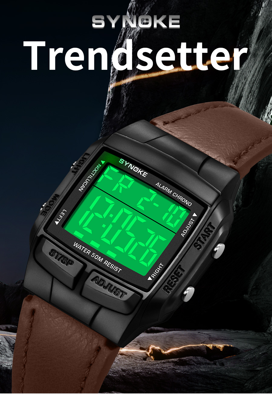 SYNOKE Fashion Men’s Digital Watch Leather Strap Outdoor Waterproof ...