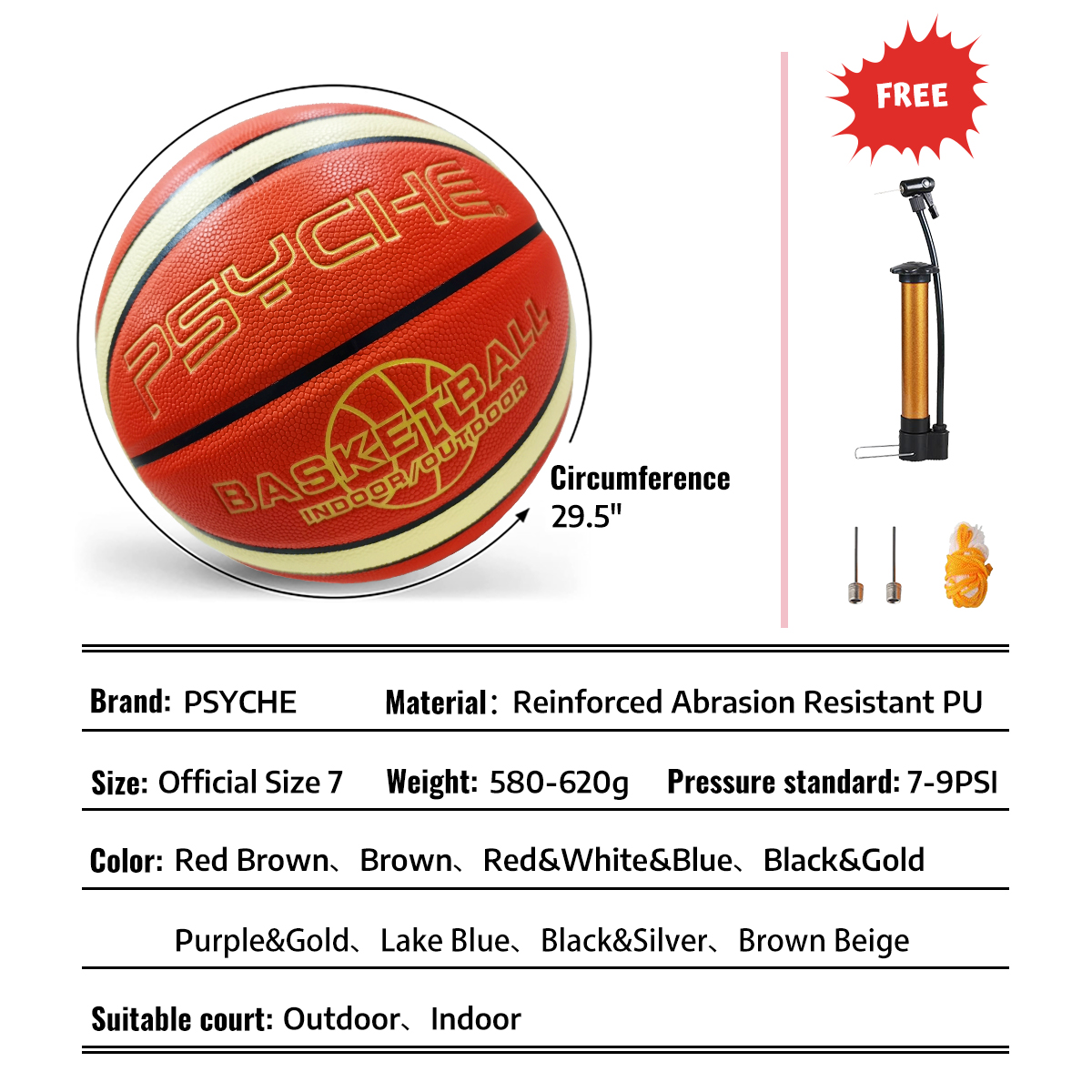 PSYCHE Original Basketball Ball Size 7 PU Outdoor Indoor (with Free Pin ...