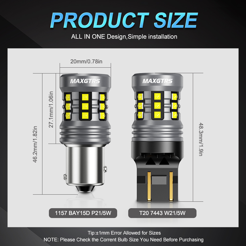 MAXGTRS 2x 1157 P21/5W BAY15D LED Canbus T20 7443 W21/5W DRL Car Parking Light Daytime Running ...